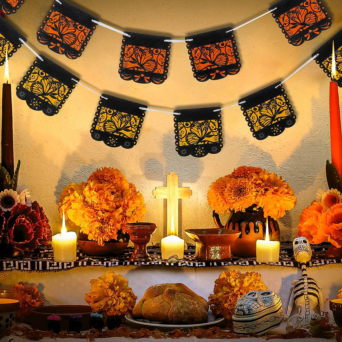 Small Dia De Los Muertos Banner Mexican Monarch Butterfly Banners Fiesta Papel Picado Banners Dia De Los Muertos Day of the Dead Decorations Picado Dia De Muertos for Ofrenda Supplies(2 Pack)