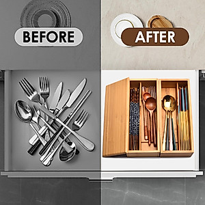 Tomotato Bamboo Silverware Storage Box, Utensil Drawer Organizer Japanese Chopsticks Box with Lid Utensil Holder Organizer Container for Home Kitchen