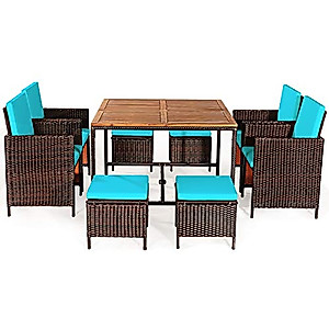 HAPPYGRILL 9PCS Patio Dining Set Outdoor Dining Furniture Set with Cushions, Space-Saving Dining Table with Acacia Wood Tabletop Rattan Wicker Chair and Ottoman Sets for Backyard Garden Poolside