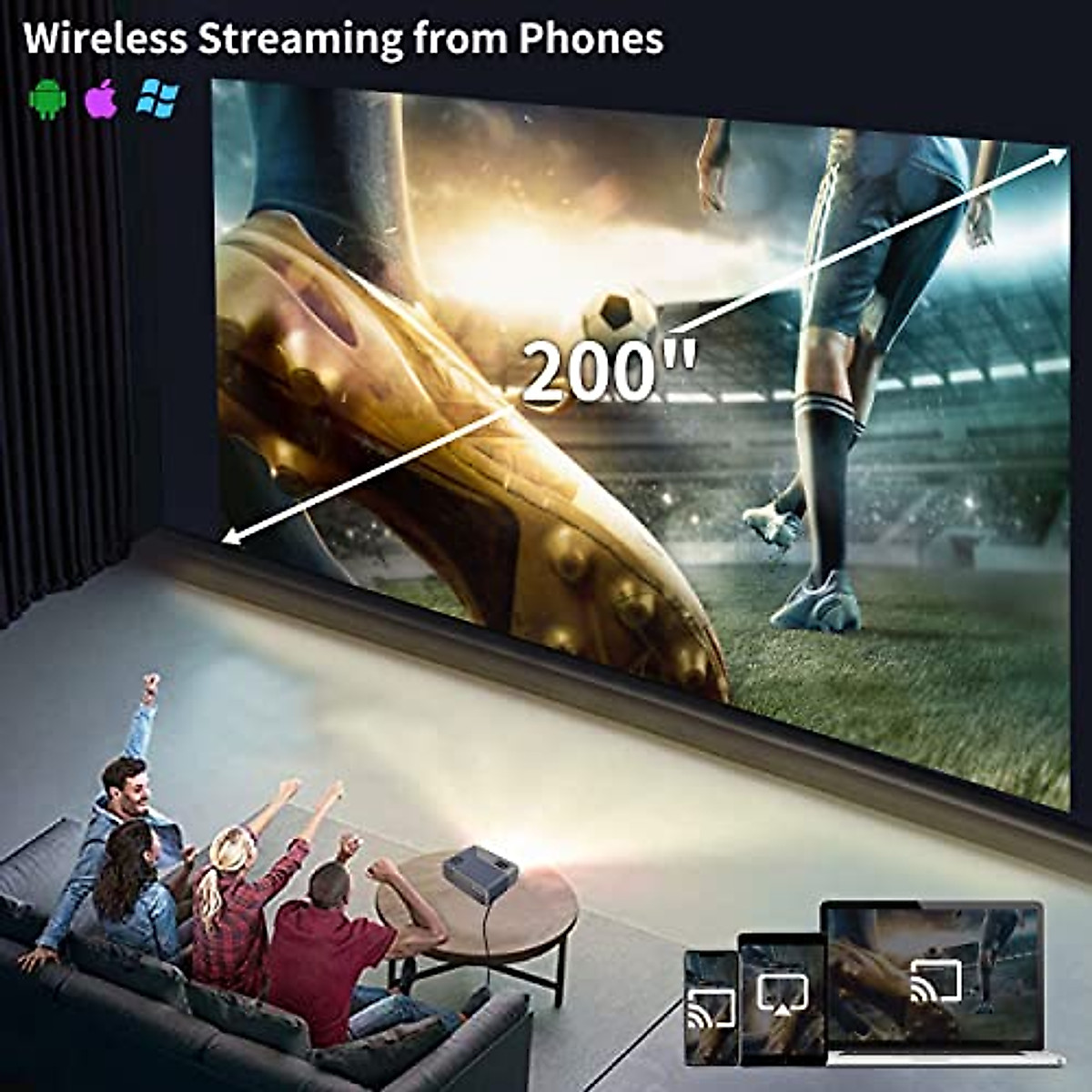 Native 1080p 4K Mini Projector WiFi Bluetooth, Portable Home Theater Outdoor Movie Projector for iPhone, Android 9.0 OS Projector with Apps Netflix,Prime Video, Work for iOS/Android,TV Stick,DVD