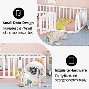 Twin Floor Bed for Kids Solid Wood Montessori Bed Frame with Door & Safety Guardrails Multifunctional Montessori Floor Bed for Toddlers, No Weight Limit, Easy Assemble, White