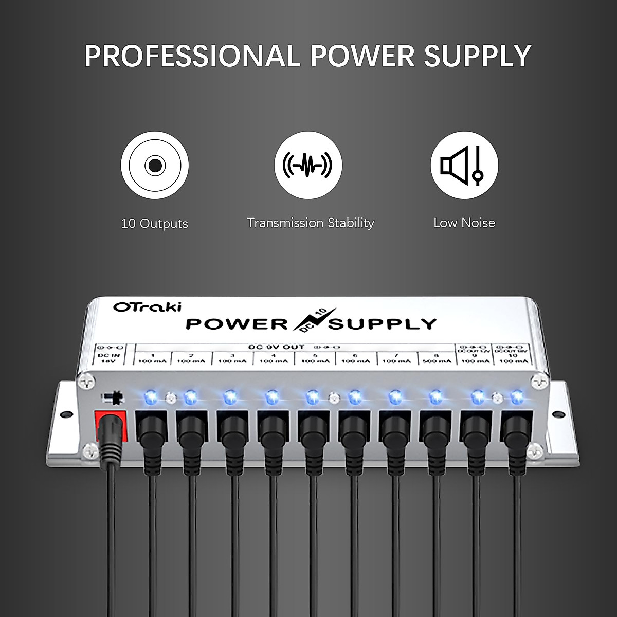 OTraki Guitar Pedal Power Supply 10 Individual DC Output Interfaces Pedal Power Supplies for 18V 12V 9V Effect Pedal Power Supply with Smart Short Circuit and Over Current LED Indicate, White