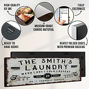 TAILORED CANVASES Personalized Laundry Sign - Large Canvas Wall Art Decor and Accessories for Laundry Room, Business and Farmhouse - Rustic Wall Decoration, Family Name Wash Dry Fold Repeat, 36"x12"
