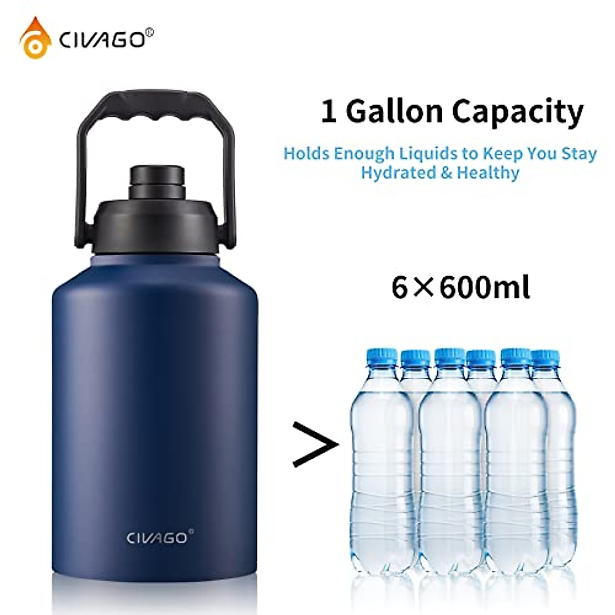 CIVAGO Gallon Insulated Water Bottle Jug, 128 oz Stainless Steel Sports Canteen with Handle and Sleeve, Large Metal Growler Mug, Navy Blue
