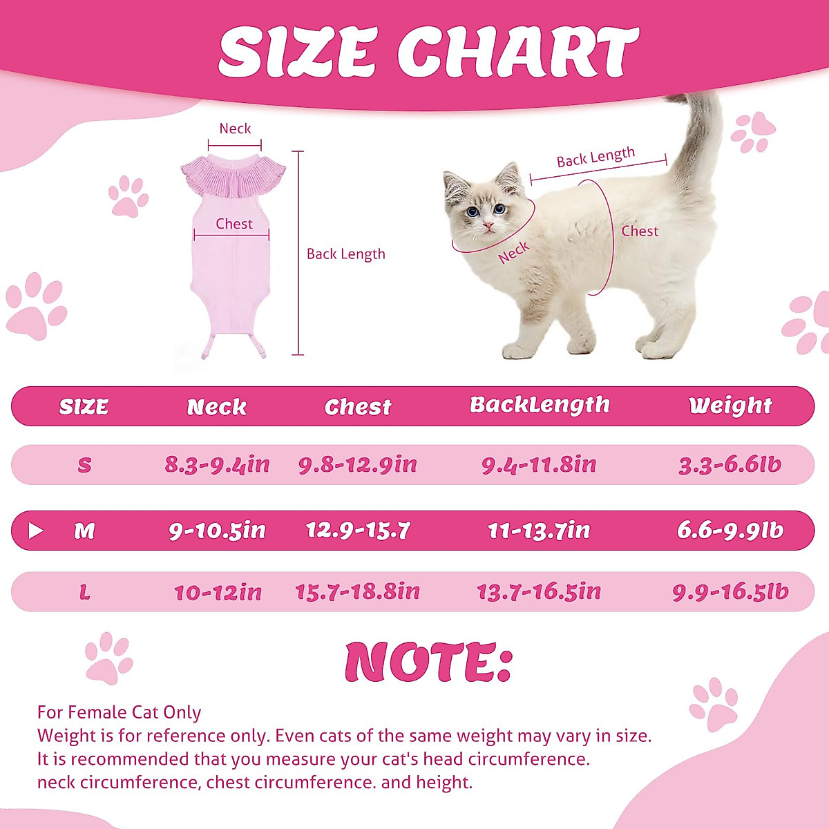 Ambreview Cat Recovery Suit for Female Cat, Kitten Recovery Onesie for Abdominal Wounds and Skin Diseases, Alternative Cone E-Collar Spay Suits for Cats After Surgery (Pink, S)