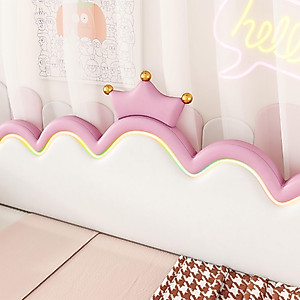 Merax Twin Size Upholstered Princess Bed Frame with Crown Headboard and Light Strips, Space-Saving Extending Daybed Pull Out Sofa Bed for Girls Teens Kids Bedroom, No Box Spring Needed, Pink