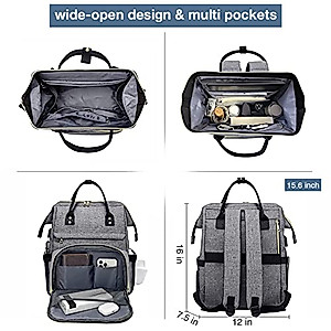 Water Resistant Large Travel Bags, Business Teacher Nurse Computer Purse Work Bag with USB Charging Port, Fit 15.6 Inch Laptop Backpack for Women Men, Grey Black