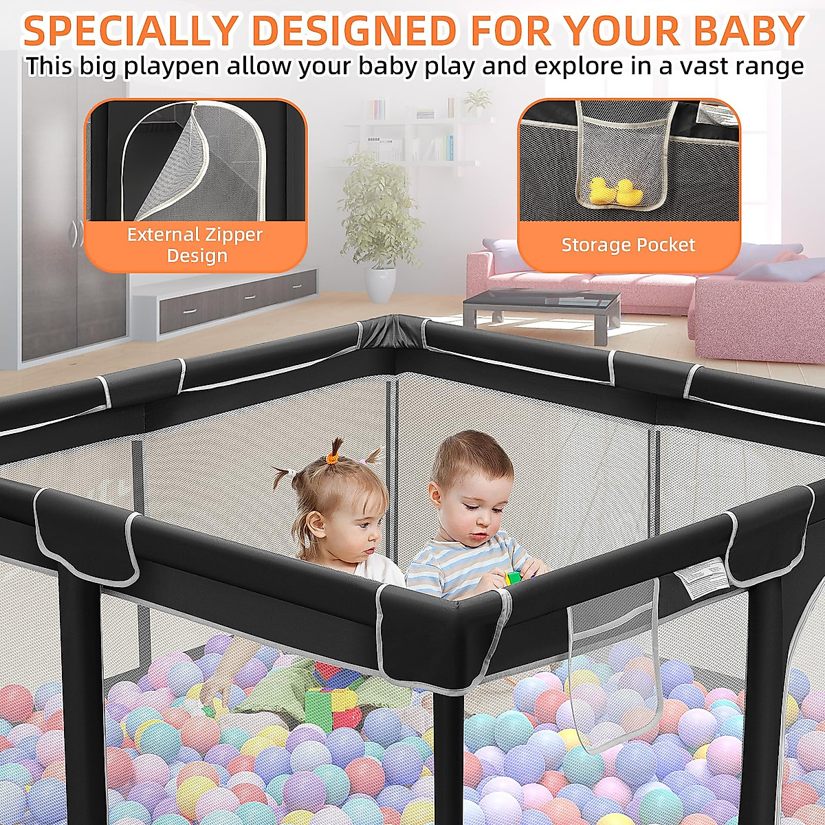 Suposeu Baby Playpen, Sturdy and Safety Playard with Soft Breathable Mesh, Indoor and Outdoor Baby Fence, Portable Playpen for Babies and Toddlers, Black