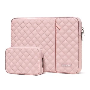 MOSISO Laptop Sleeve Compatible with MacBook Air/Pro, 13-13.3 inch Notebook, Compatible with MacBook Pro 14 inch M3 M2 M1 2024-2021, Square Quilted Vertical Bag with Pocket&Small Case, Chalk Pink