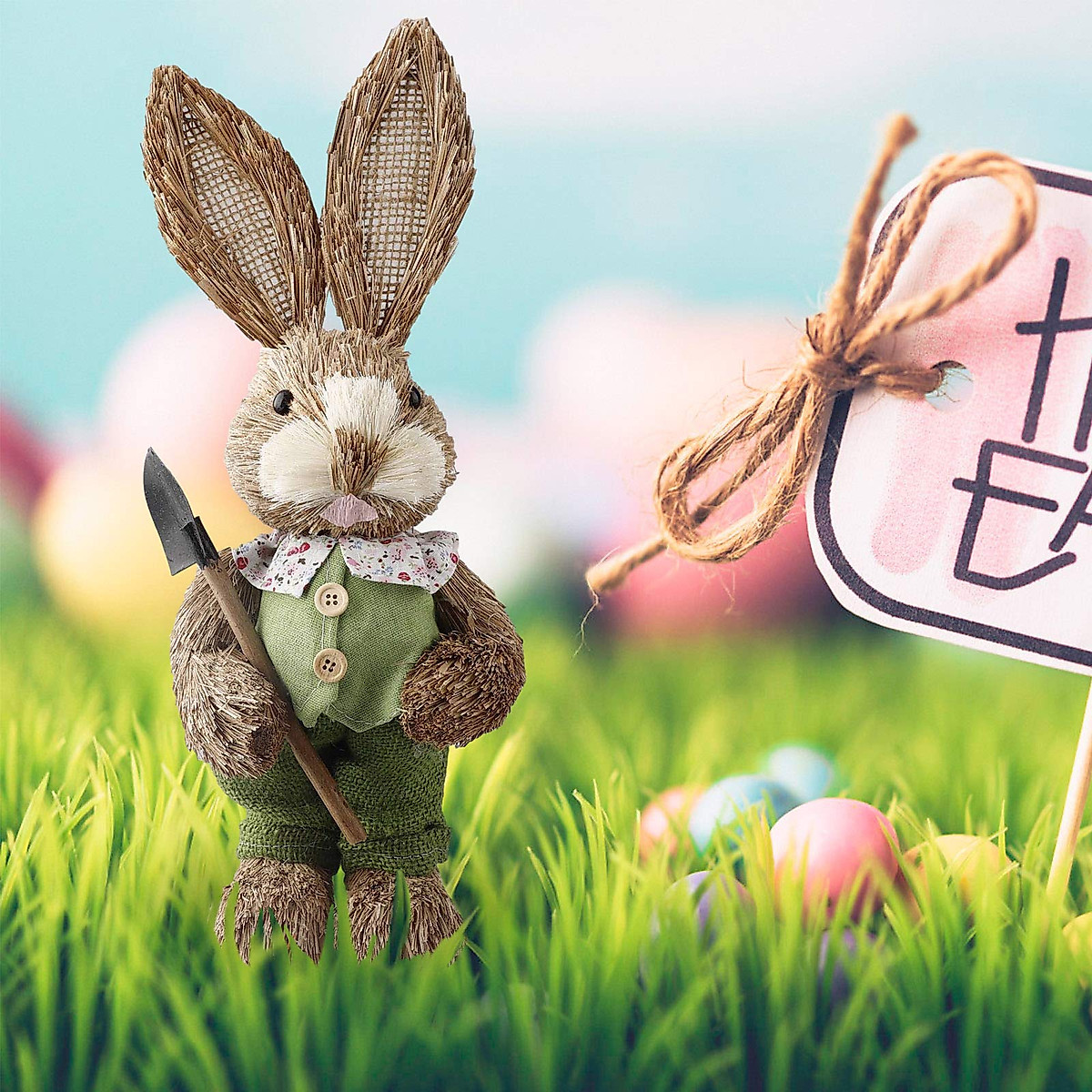 Alapaste Standing Easter Bunny Figures,14.2inch Funny Sisal Easter Bunny Holding Shovel Wearing Green Nest for Party and Home Garden Decor, for Kids