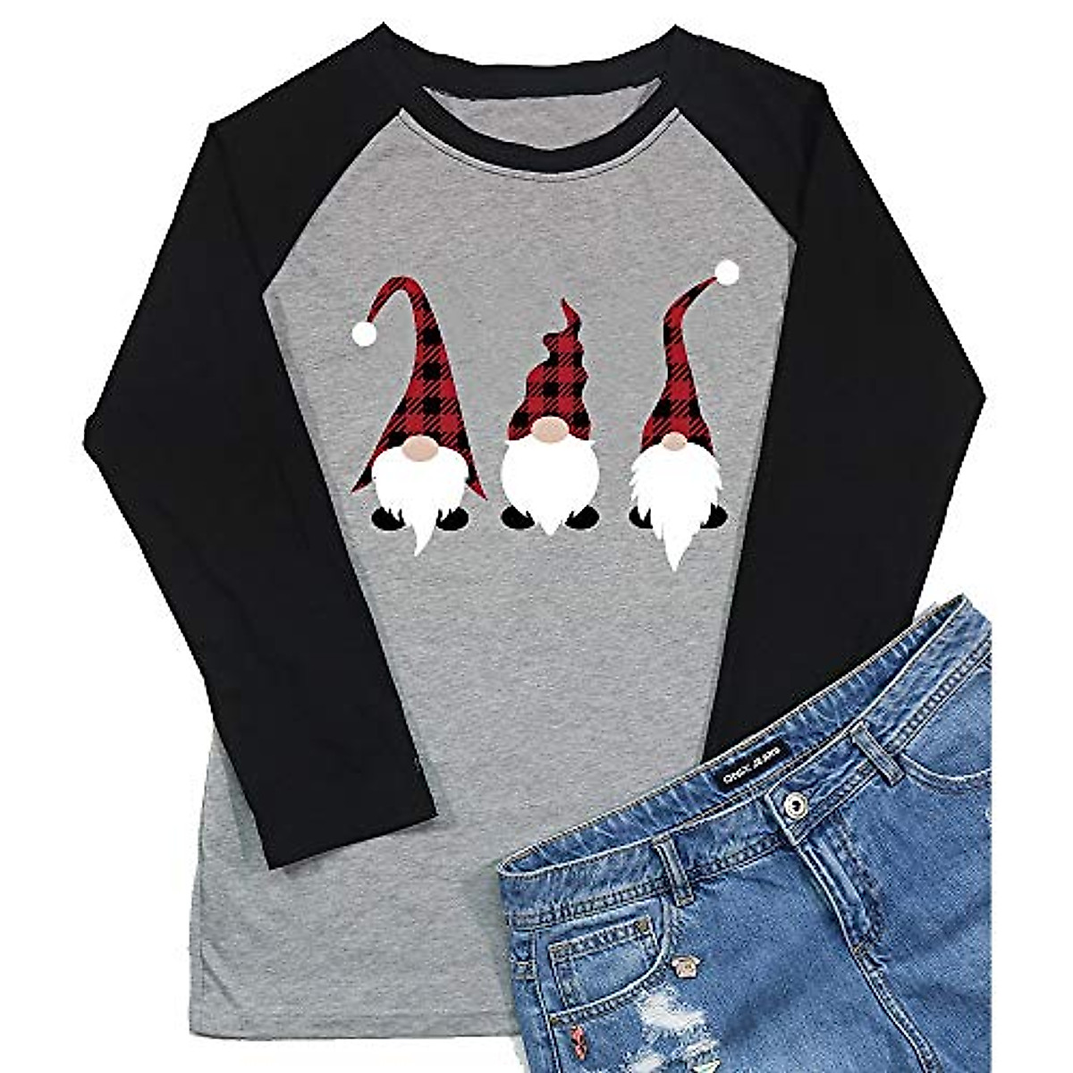 T&Twenties Women's Christmas Gnome Shirt Cute Raglan Baseball Gnome T Shirts Christmas Short Sleeve Long Sleeve 3/4 Tees