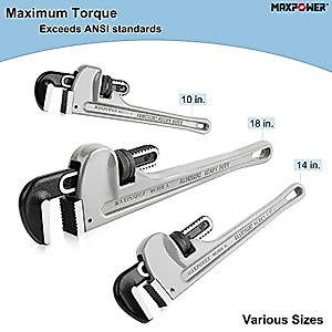MAXPOWER 14-Inch Pipe Wrench, 40% Lighter Aluminum Plumbing Wrench, Heavy Duty Straight Pipe Wrenches Jaw Max Capacity 2 inch