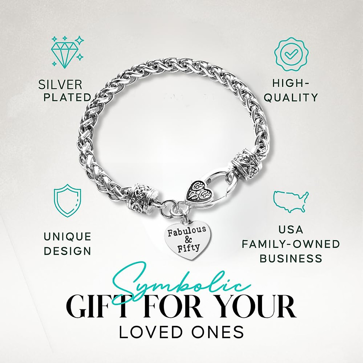 Infinity Collection 50th Birthday Charm Bracelet - Fabulous and Fifty Gift for Her, Unique Birthday Bracelet