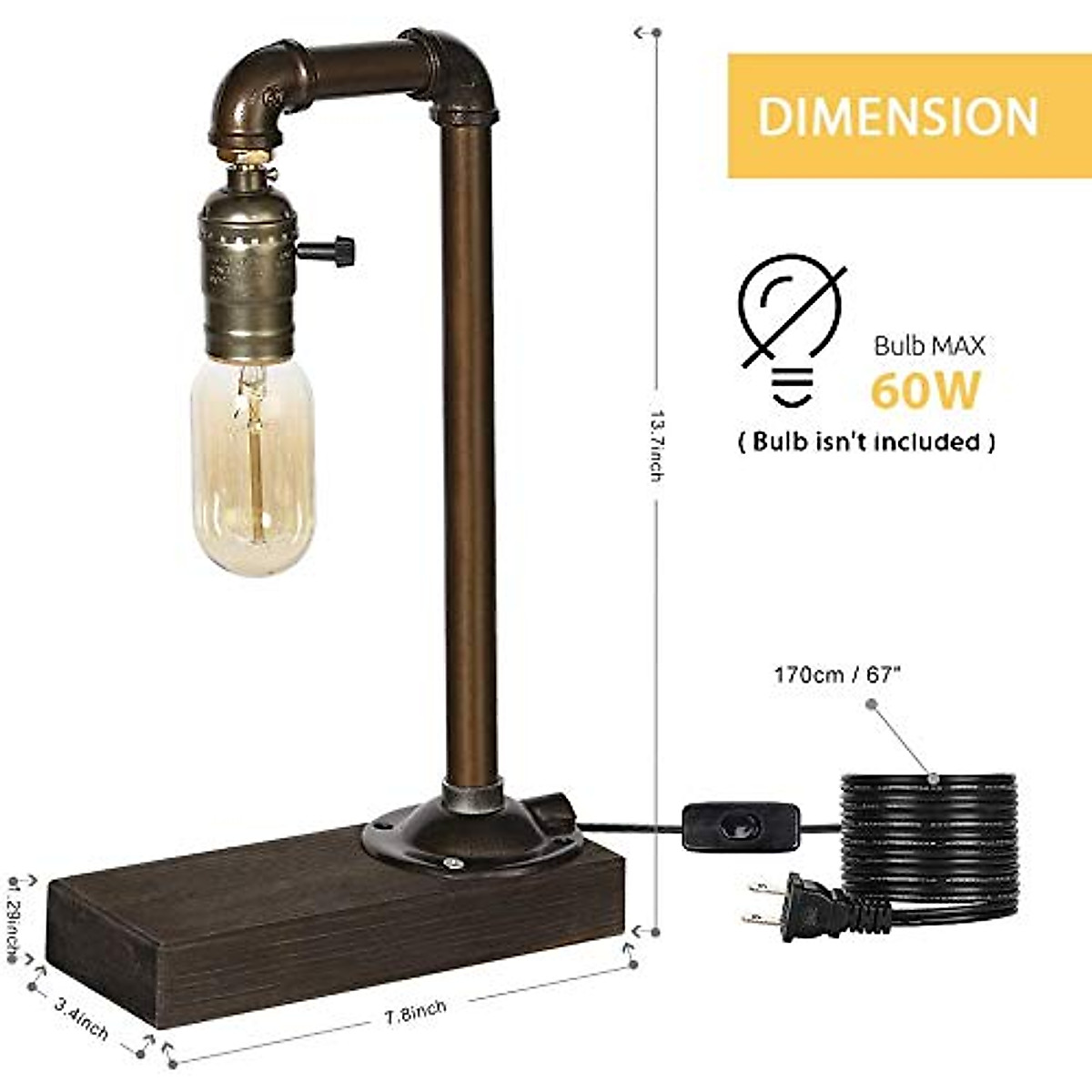 HAITRAL Retro Vintage Table Lamp- Industrial Loft Style Steam Punk Lamp with Wood Base Iron Piping Desk Lamp for Bedside, Living Room, Kitchen, Café, Pub, Dorm, Set of 2