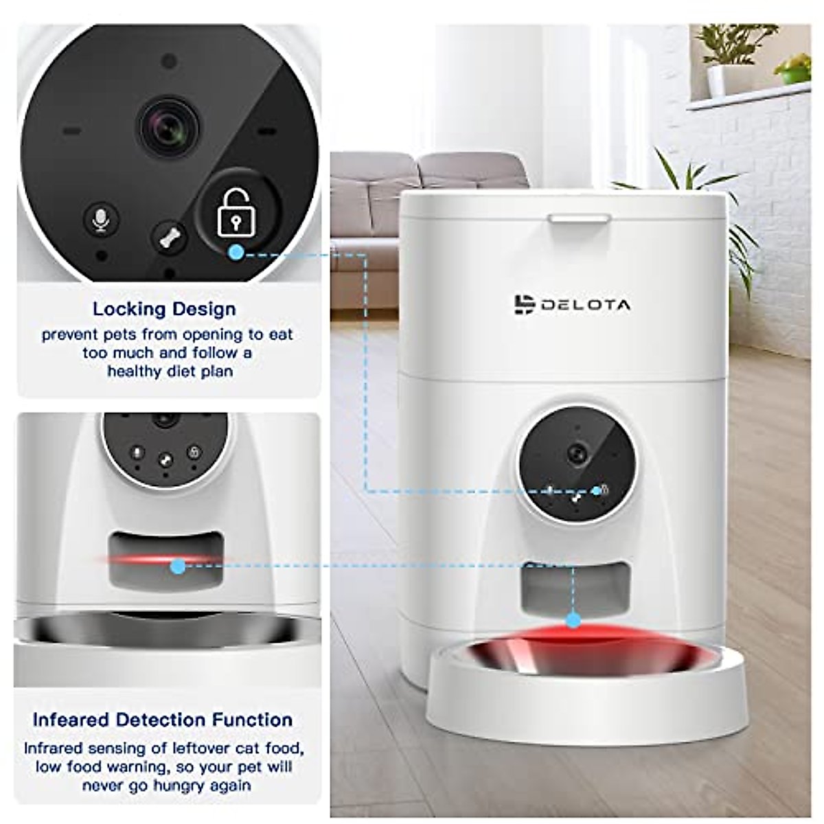 DLT-DELOTA Floodlight Outdoor Home Automatic Cat Feeder with Camera,4L Automatic Cat Feeders with 4MP Camera, 10s Voice Recorder, 2.4G WiFi Cat Feeder Automatic with Smart APP Control and Timer