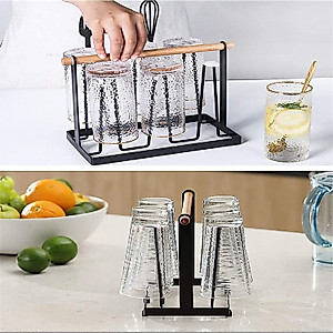 PENGQIMM 6 Cups Mug Glass Stand Holder Metal,Cup Drying Rack Stand with Drain Tray,Cup Hanging Drainer Upside-Down,Metal Bottle Drying Organizer with Handle Cup Drying Holder Stand,Bottle Drying Rack