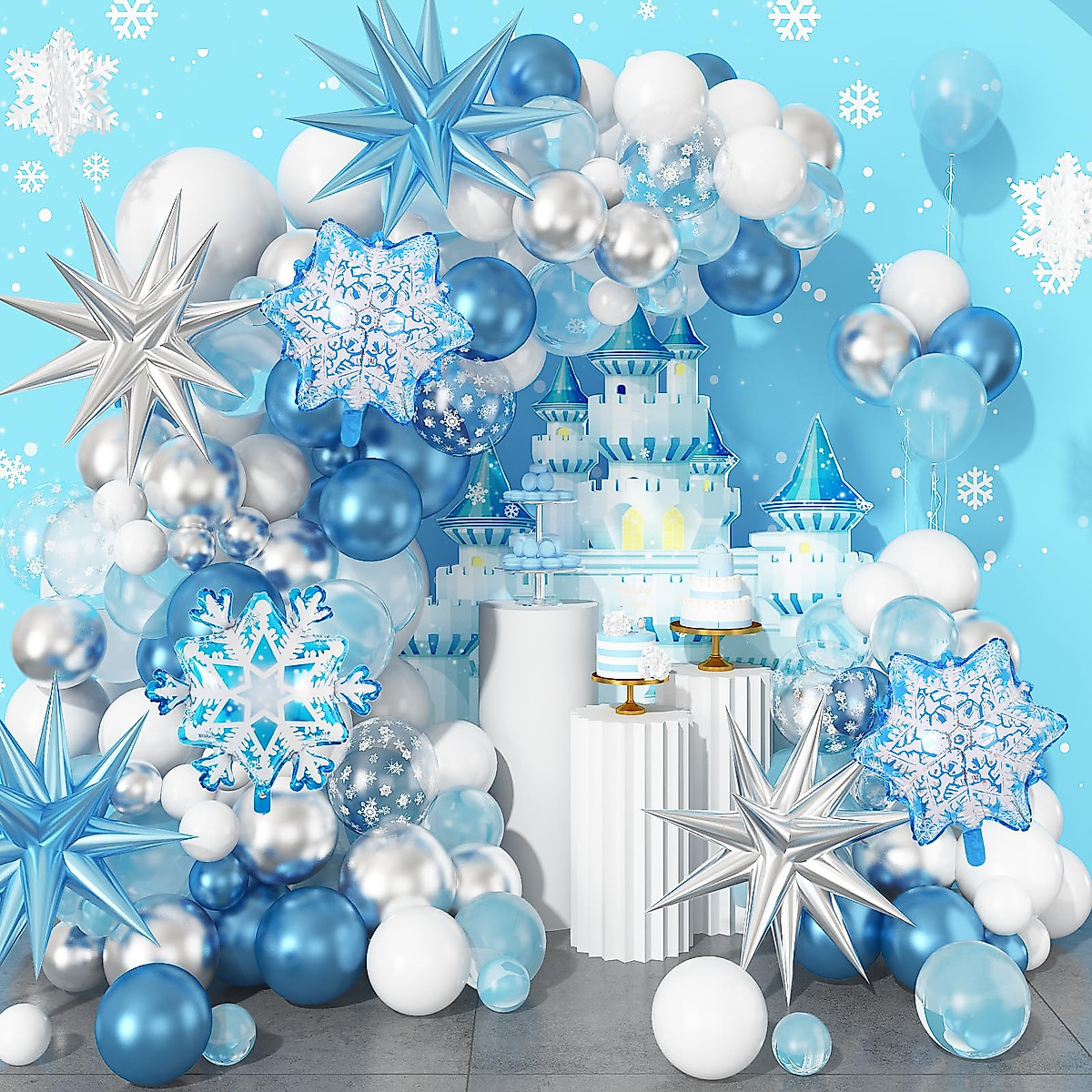 Frozen Balloon Arch Kit, White Silver Balloon Garland with Large Snowflakes Balloons Mylar Starburst Foil Balloons Metalic Silver Blue Balloons, Blue Balloons for Winter Wonderland Girl Birthday Deco