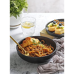 YJR Ceramic Pasta Bowls, Salad Bowls, Large Serving Bowl Set, Wide and Shallow - 35 Ounce, Set of 4, Matt Black