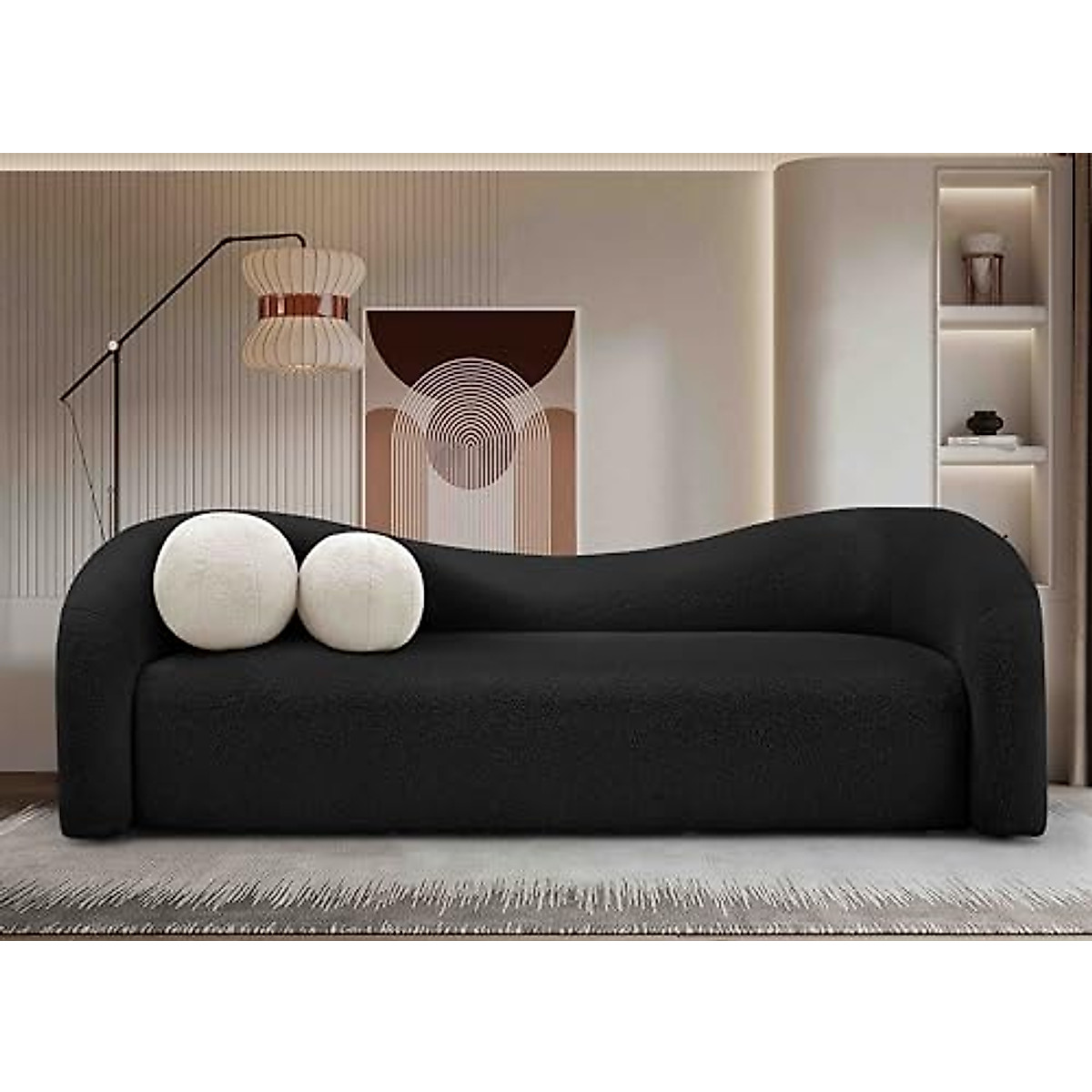 Meridian Furniture 186Black-S Kali Collection Modern | Contemporary Sofa with Soft Black Faux Shearling Teddy Fabric, Curved Back, 86" W x 33" D x 27" H, Black