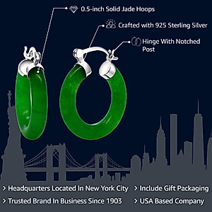 Gem Stone King Vibrant Green 925 Sterling Silver Solid Jade Hoop Earrings 0.5 Inch