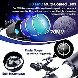 Telescopes for Adults Astronomy,70mm Aperture 400mm AZ Mount Telescope for Kids Beginners,Upgraded 3 Kellner Eyepieces,Refractor Telescope with Adjustable Tripod,Backpack and Phone Adapter