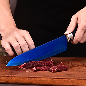 Knife Set, Kitchen Non Stick Knives Set with Block Thick Blade Cutlery Knife Block Sets with Sharpener 6pcs Steak Knife Shears Chef Sharp Quality Aluminum Alloy Block Blue Handle and Blade