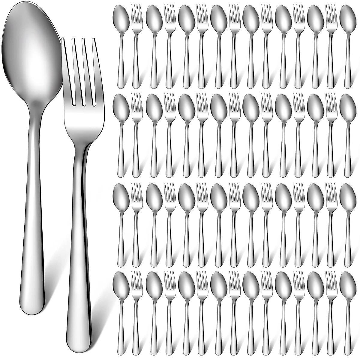 BBTO 100 Pcs Forks and Spoons Silverware Set Bulk Stainless Steel Flatware Cutlery Set Kitchen Utensils for Home Restaurant Kitchen, 50 7.1" Dinner Fork, 50 Teaspoon, Mirror Polished, Dishwasher Safe