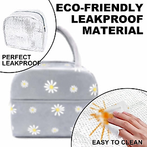 Sonuimy Insulated Lunch Bag Women Girls, Reusable Cute Tote lunch box for Adult & Kids, Leakproof Cooler Lunch Bags for Work Office Travel School Picnic (Grey with White Daisy)