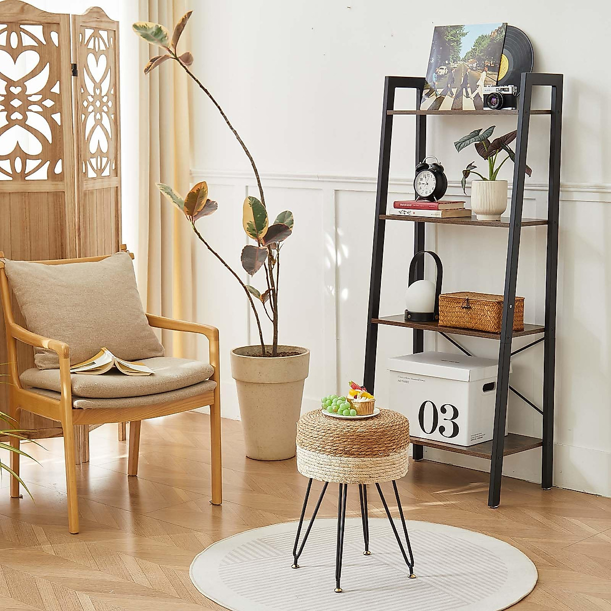 ALeesing Makeup Vanity Stool, Hand Weave Natural Seagrass Footstool Ottoman, Foot Rest Dressing Stool with Metal Leg, Modern Multifunctional Vanity Stools Chair, White