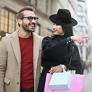 Women Classic Wide Brim Fedora Hat, 4 Pack Retro Panama Hat Wool Fedora Hat with Belt Buckle (Black+Army Green+Camel+Wine Red)