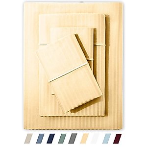 Feather & Stitch Queen Size Damask Bed Sheets|100% Soft Cotton, 4 Pc Set 500 TC Sateen Weave - 1 Flat Sheet, 1 Fitted Sheet & 4 Pillow Cases - Semolina
