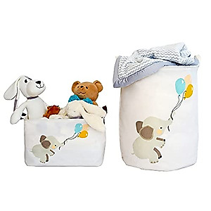 KAZULO Elephant 2 Pack Set Kids Laundry Basket, Toy Box, Storage For Nursery, for Boys and Girls, Baby Laundry Hamper for Bedroom, and Bathroom Decor (Elephant and Balloons Bundle)