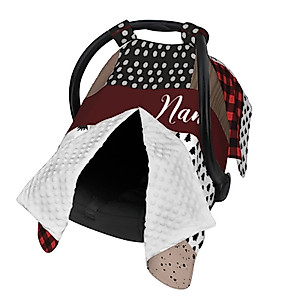Personalized Baby Car Seat Canopy with Name, Custom Name Car Seat Covers for Boys Girls, Opening Minky Nursing Breastfeeding Stroller Cover Infant Carseat Canopies for Newborn (Woodland Bear Red)