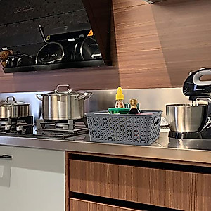 Obstnny Plastic Weave Storage Basket Grey, Pantry Organization Basket Bin, 4 Packs, 9.91" x 7.6" x 4.05"