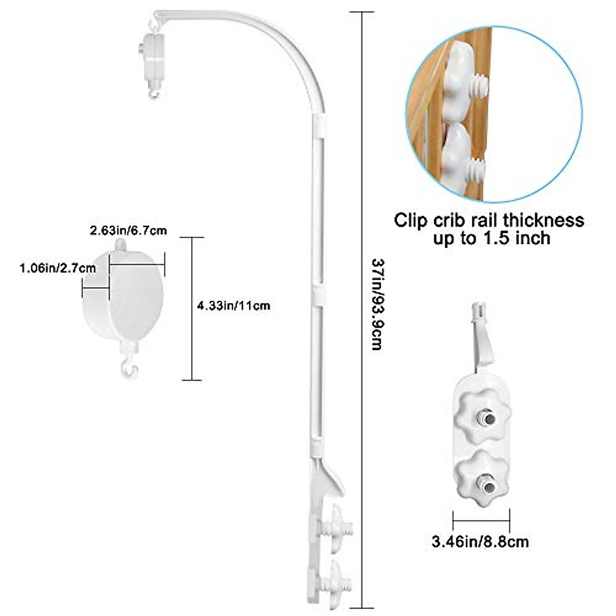 AFUNTA 37 Inch Double Screw Crib Mobile Bed Bell Holder with Music Box, DIY Toy Decoration Hanging Arm Adjustable Holder Bracket Baby Bed Stent Set Nut Screw