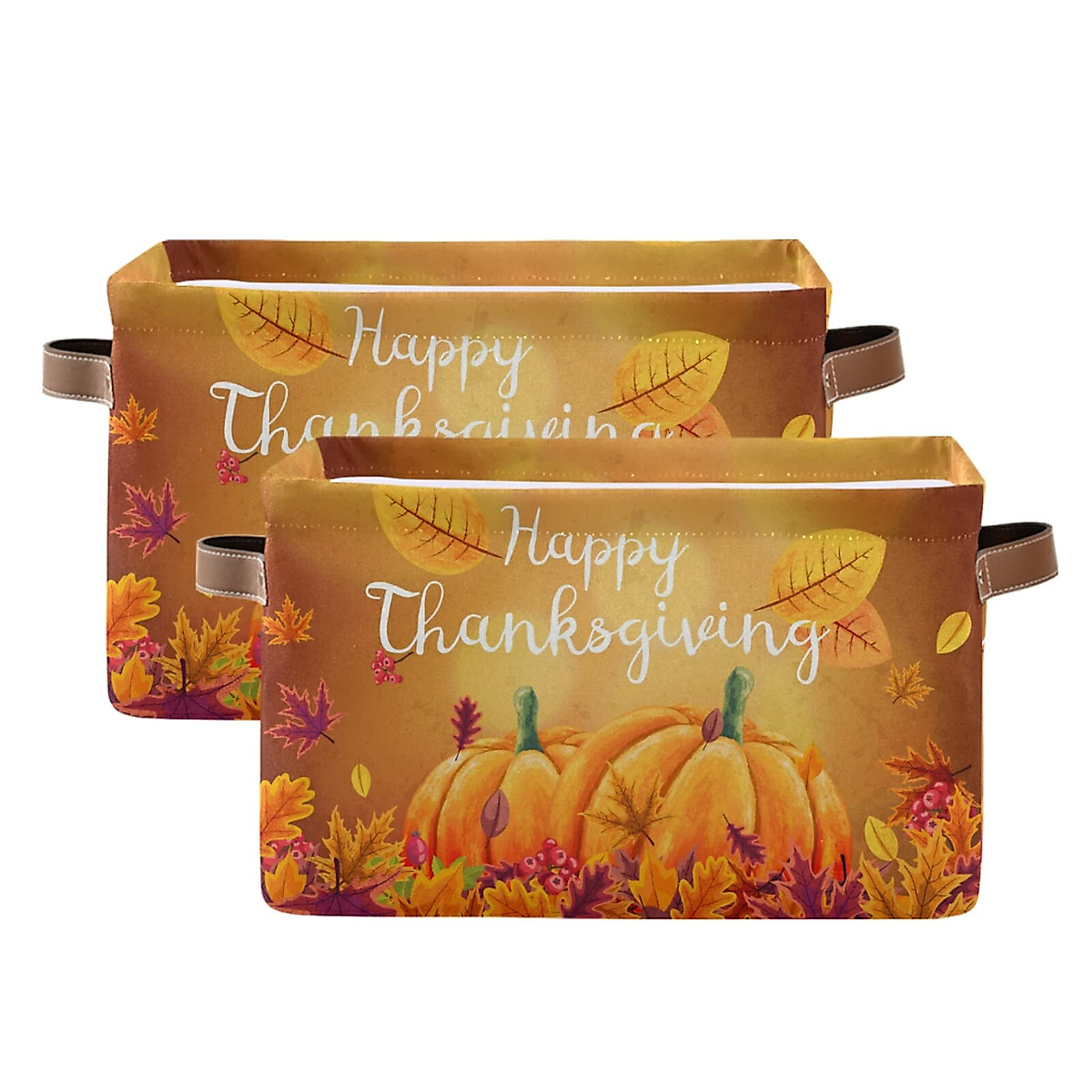 FZDXZJJ Thanksgiving Pumpkin Fall Maple Storage Basket Bins, Autumn Leaves Decorative Baskets Storage Box Collapsible Storage Cubes Organizer with Handles for Nursery Shelf Closet Office Home Bedroom, 2 Pack
