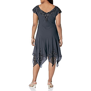 J Kara Women's Flutter Sleeve Hanky Hem Short Cocktail Beaded Dress, Grey/Black/Mercury, 12