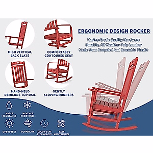POLYDUN Outdoor Rocking Chairs, High Back Poly Lumber Patio Rocker Chair, 365Lbs Support Rocking Chairs, All-Weather Porch Rocking Chair for Lawn, Backyard, Indoor, Garden, Like Real Wood, Red, 2 Pack