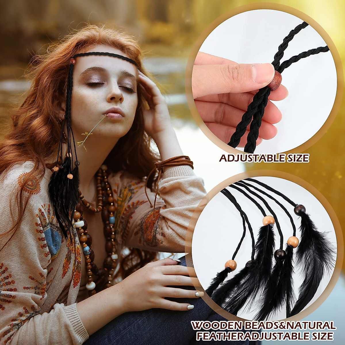 Geyoga 6 Pcs Feather Headband Feather Hair Clip Set Boho Hair Extensions with Feather Clip Comb Hippie Headpiece for Women(Simple Style)