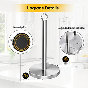 Coopvivi Paper Towel Holder Stainless Steel - One Hand Tear Paper Towel Dispenser Standing Weighted Base Non Slip, Stainless Steel Paper Towel Fits in Kitchen (Silver)
