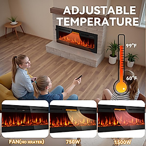 60 Inches Electric Fireplace Inserts, Ultra-Thin Fire Place Heater, Floating Wall Faux Fireplace Electric with Higher Temperatures & Lower Noise, Aesthetic Design & Realistic Flames, 750/1500W