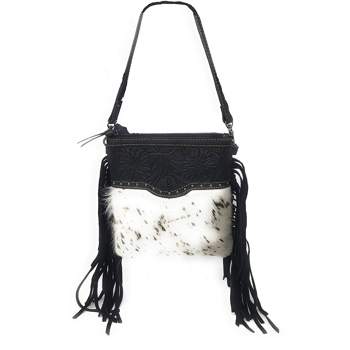 Concealed Carry Leather Western Floral Tool Cowhide Womens Fringe Clutch Crossbody in 2 colors (Black/White)
