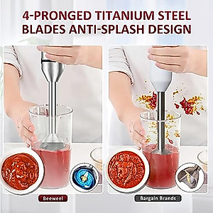 BEEWEEL Immersion Blender - 800 Watts Scratch Resistant Hand Blender, 15 Variable Speeds & Turbo Hand Mixer, 4-in-1 Heavy Duty Copper Motor Handheld Blender with Egg Whisk,Chopper and Coffee Grinder