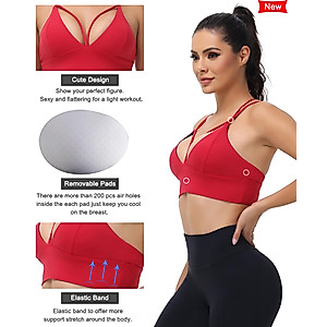 MotoRun Womens Push-up Padded Strappy Sports Bra Cross Back Wirefree Fitness Yoga Top Red-383 M
