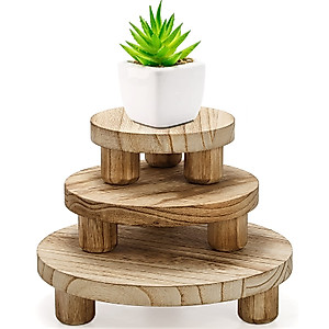 Bekith 3 Pack Wooden Stool Display Stand, Wood Stool Plant Riser, Round Small Plant Stand, Rustic Stool Flower Pot Holder, Modern Decorative Display Stand for Home Indoor and Outdoor