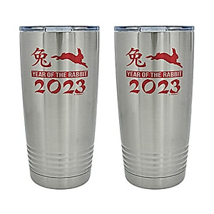 Chinese New Year Party Favor 2023 Year Of The Rabbit Iconography 2-Pack 20oz Stainless Steel Insulated Travel Mug With Lid