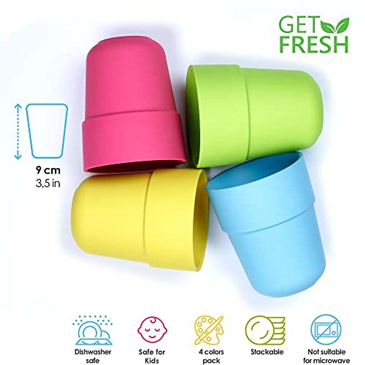 Bamboo Kids Cups, 4 Pack Set, Stackable Bamboo Drinking Cups, Bamboo Kids Dinnerware Set, Bamboo Toddler Cups, Dishwasher Safe and Stackable