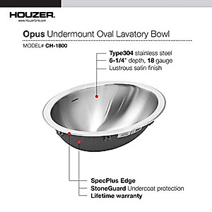 HOUZER CH-1800-1 Opus Undermount Oval Bowl Bathroom Sink, Without Overflow, 17.75" x 13.56", Stainless Steel