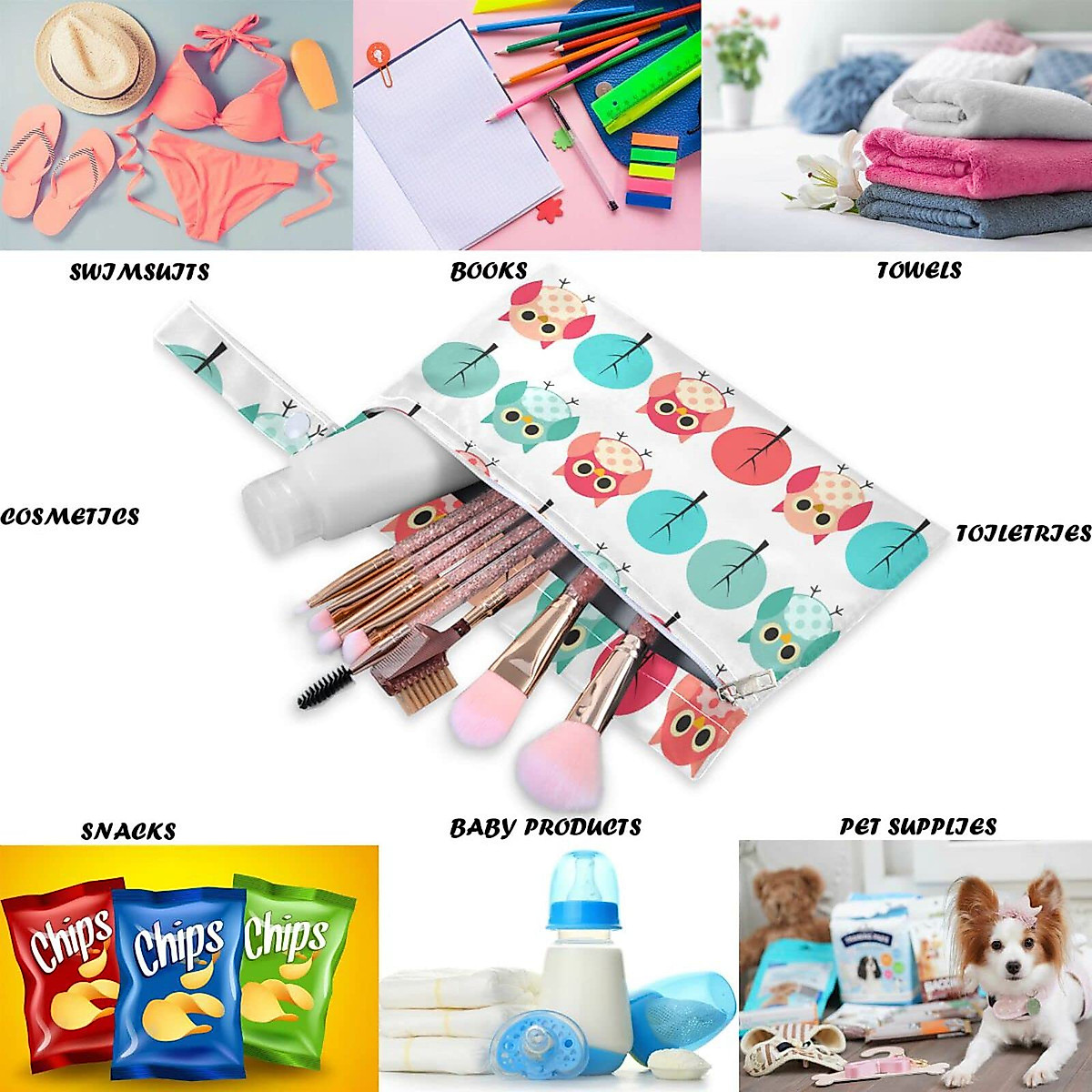 visesunny Owl Forest 2Pcs Diaper Changing Totes Wet Bags with Zippered Pockets Washable Reusable Roomy Cloth Diaper for Travel,Beach,Daycare,Stroller,Dirty Gym Clothes,Wet Swimsuits,Toiletries