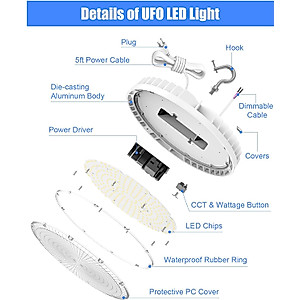 KUKUPPO 10 Pack LED High Bay Light 240W 190W 140W Adjustable, 3000K 4000K 5000K Adjustable UFO Bay Light with 5' Cable and Plug, 0-10V Dimmable AC100-277V UL&DLC Listed, White